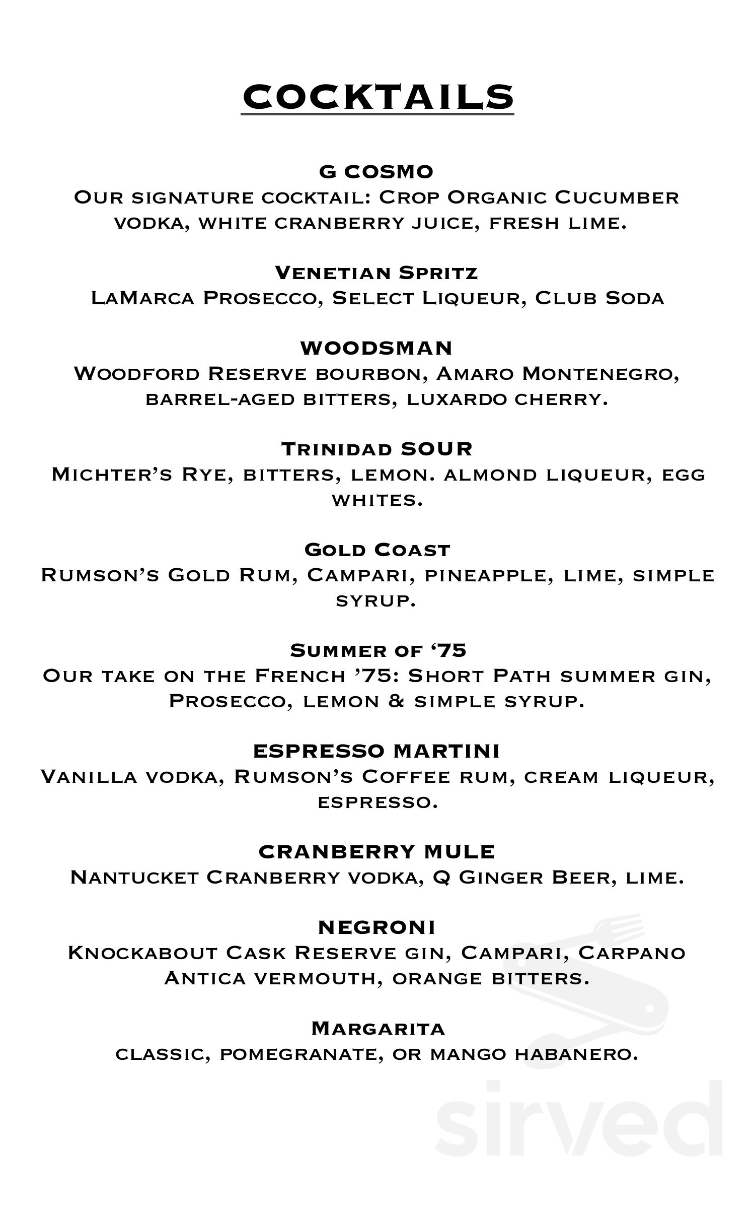 Menu - Swampscott MA's G Bar and Kitchen | Sirved