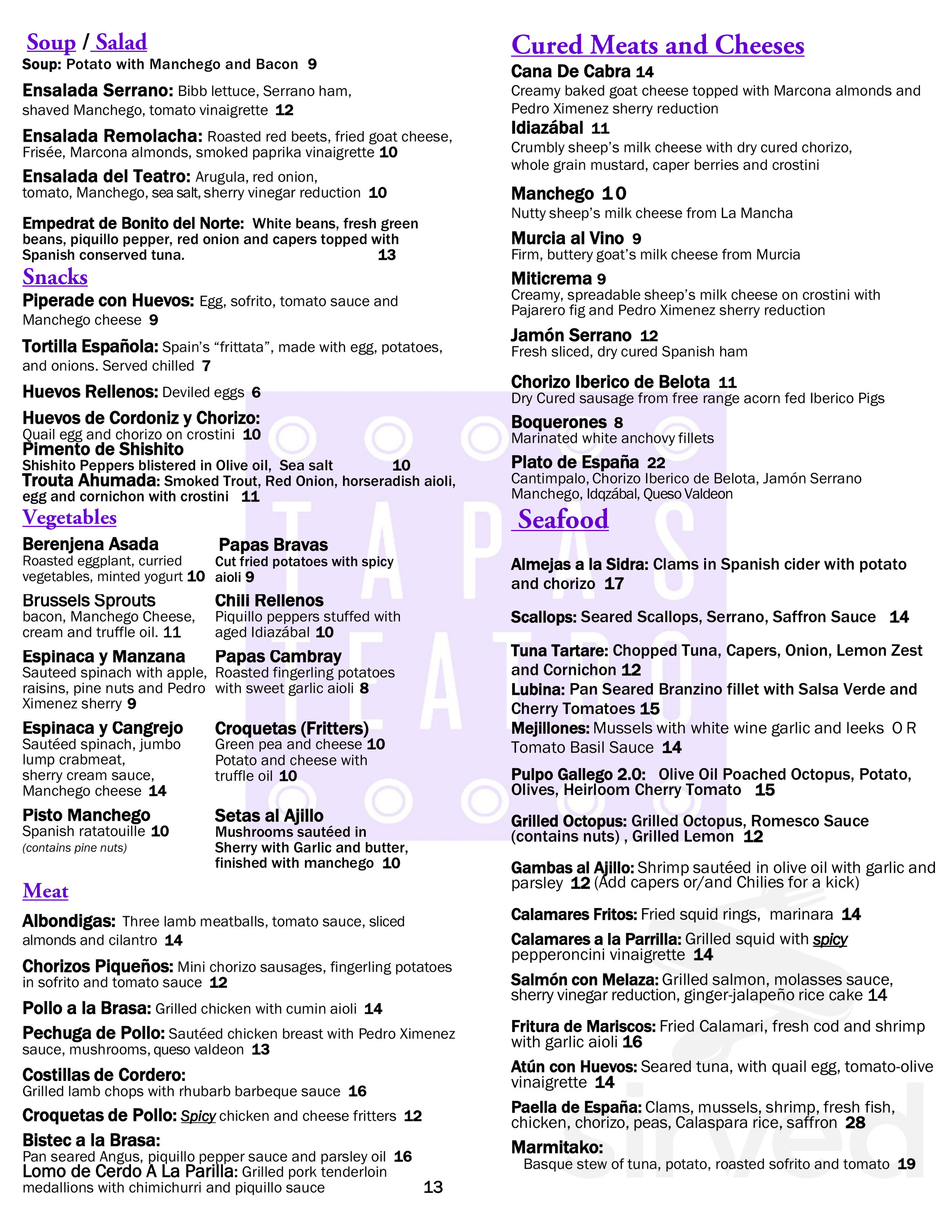 Tapas Teatro menu in Baltimore, Maryland, USA