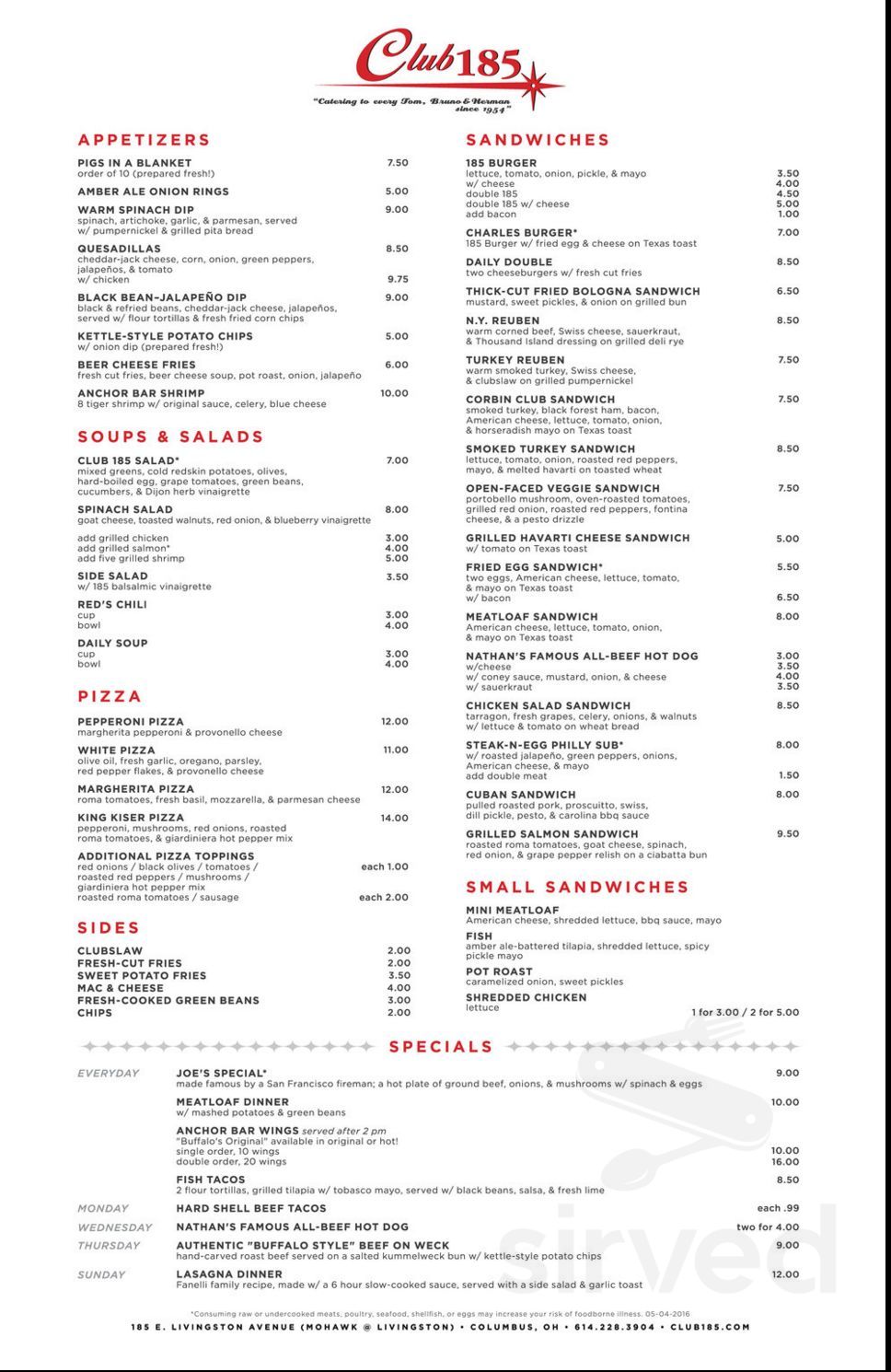 Club 185 Menu - Columbus, Ohio | Sirved