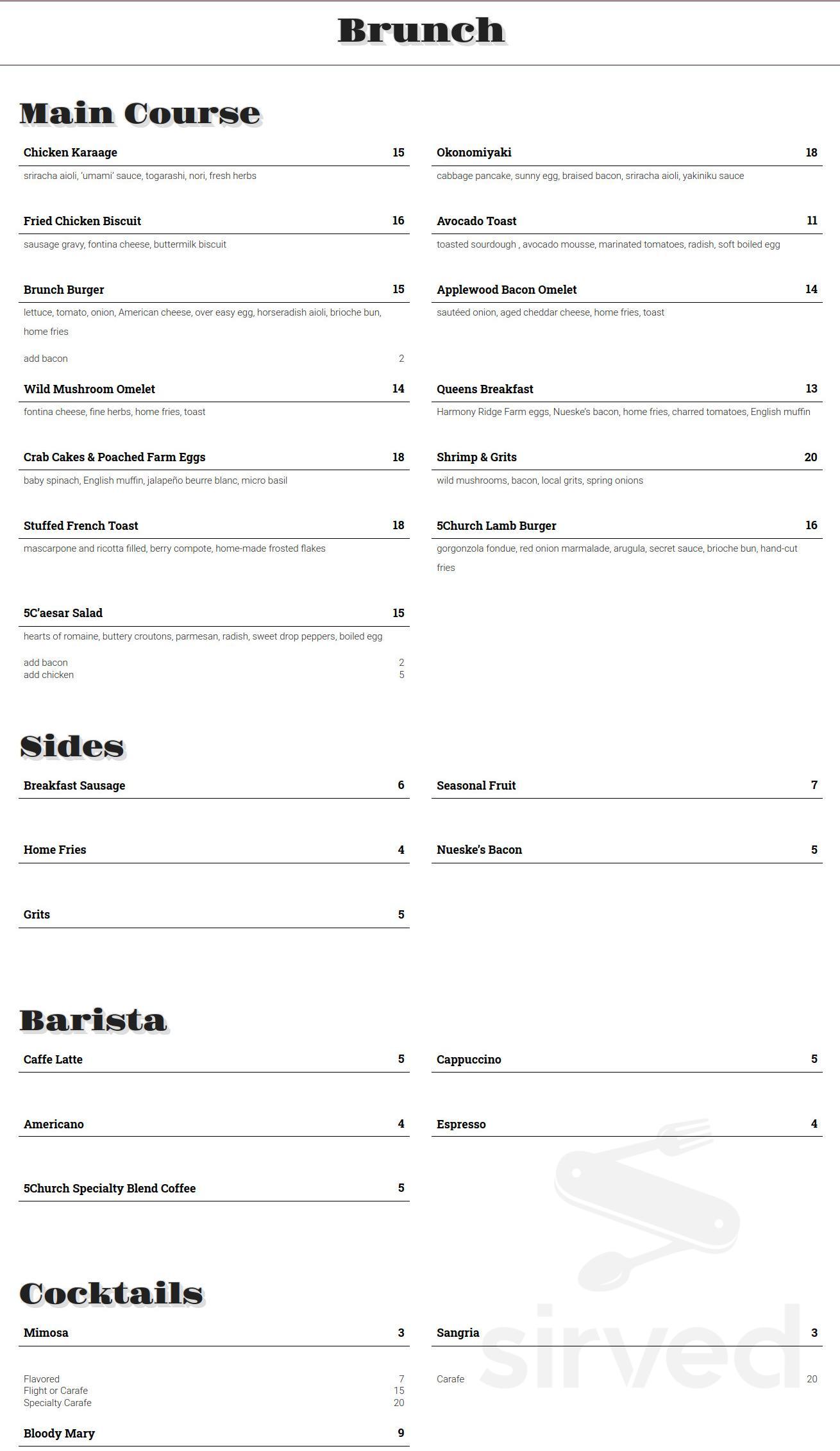 Church and Union Charlotte menu in Charlotte, North Carolina, USA