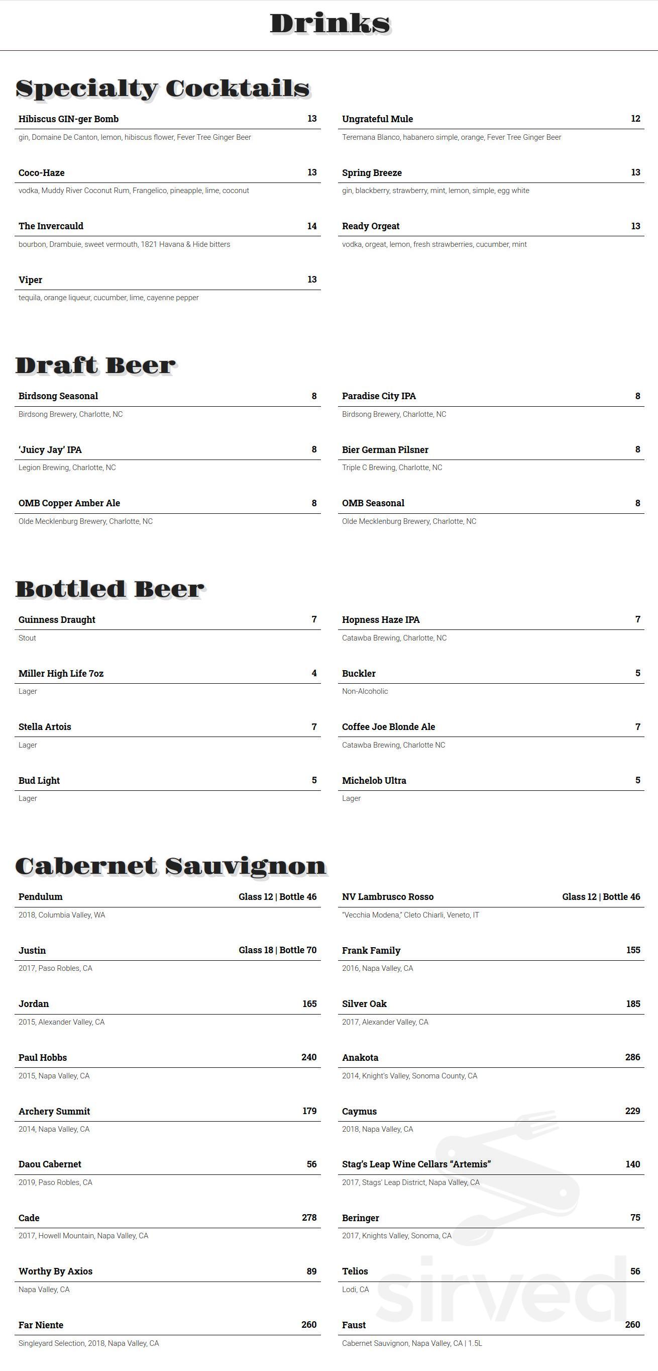 Church and Union Charlotte menu in Charlotte, North Carolina, USA