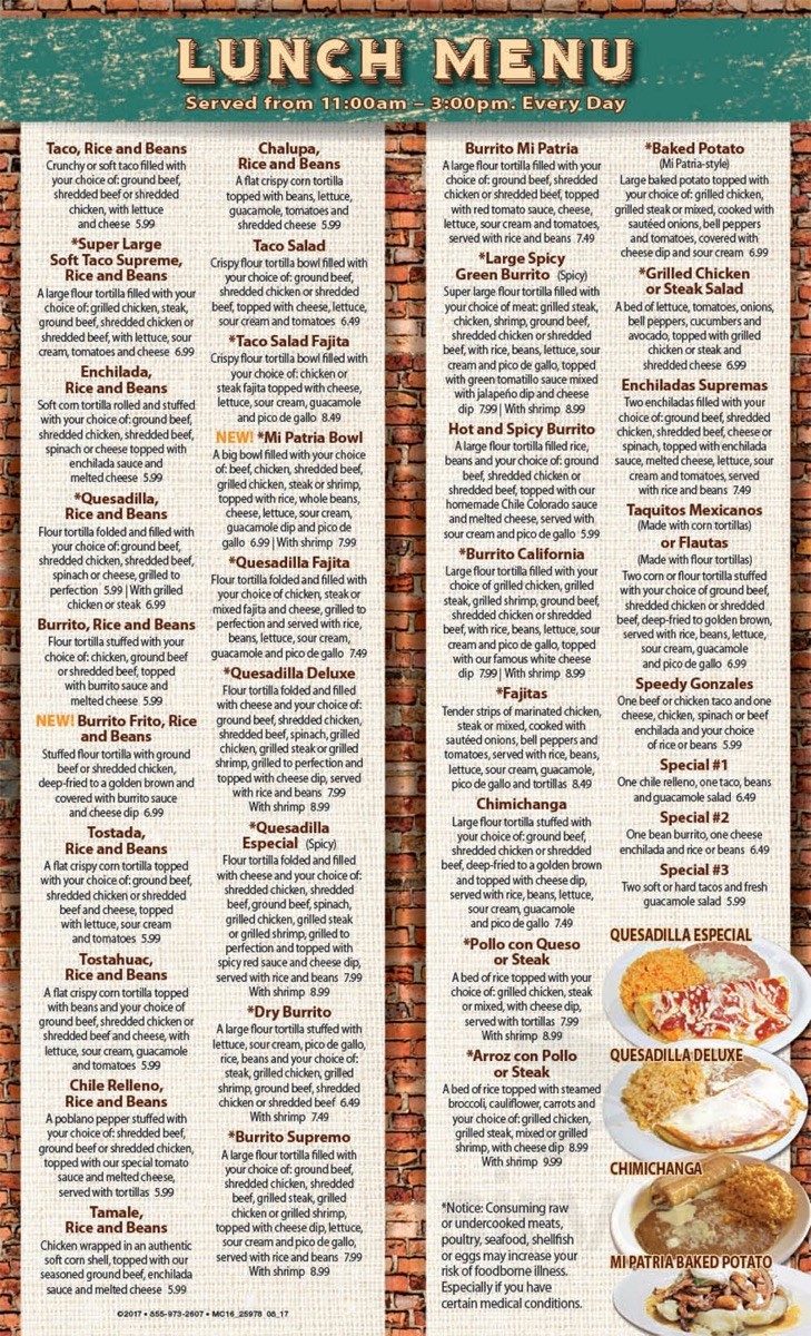 Mi Patria Mexican Restaurant menu in Murfreesboro, Tennessee, USA