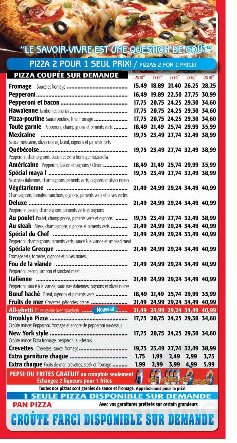 Pizza maya menu in Beauharnois, Quebec, Canada
