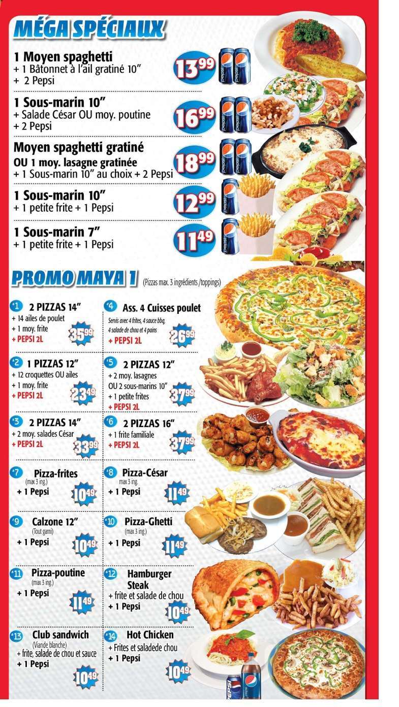Pizza maya menu in Beauharnois, Quebec, Canada
