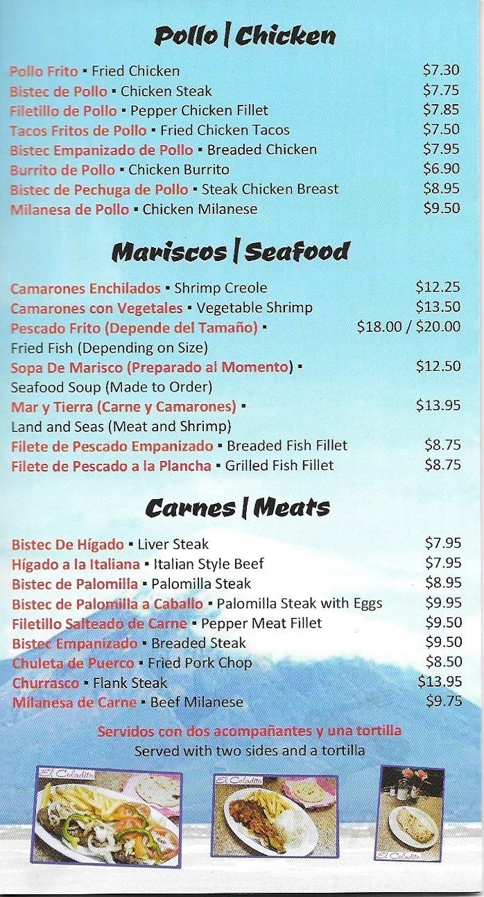 El Coladito Cafeteria menu in Miami, Florida, USA
