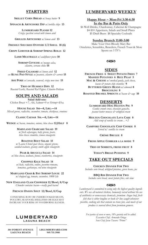 Lumberyard menu in Laguna Beach, California, USA