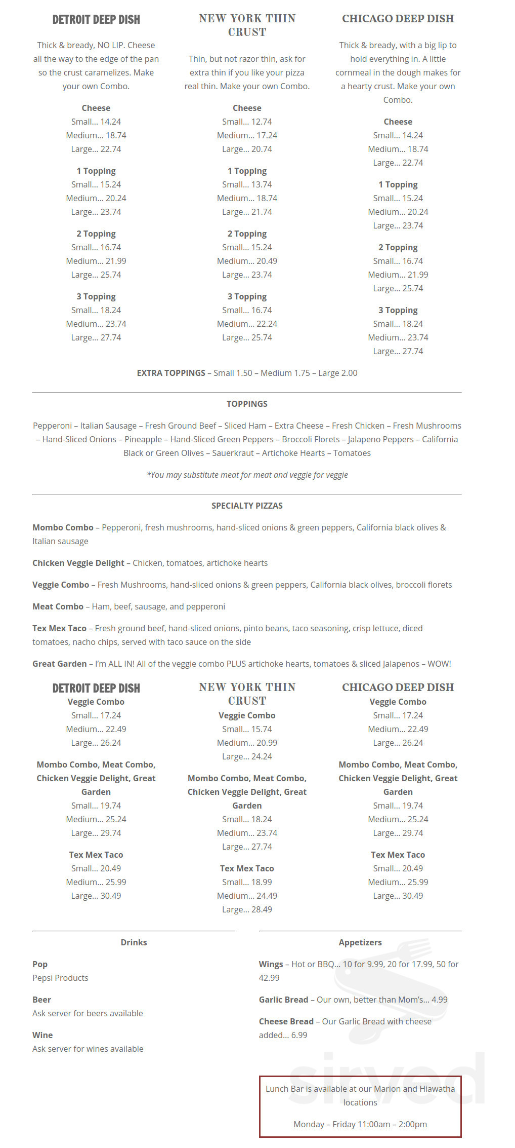 Tomaso's Pizza menu in Cedar Rapids, Iowa, USA