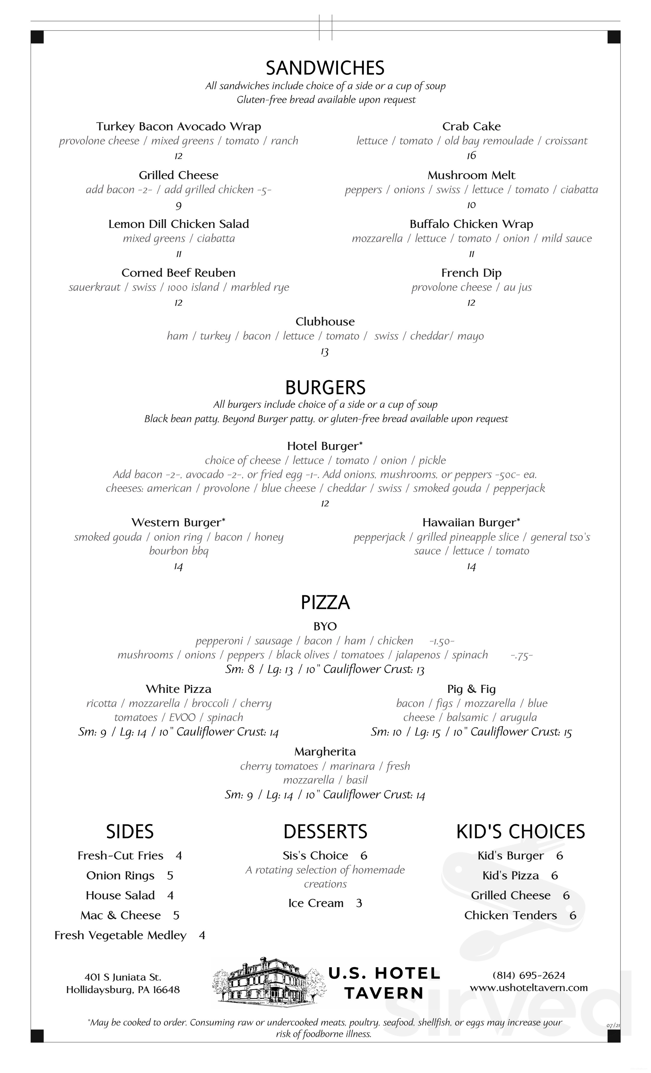 US Hotel Tavern menus in Hollidaysburg, Pennsylvania, United States
