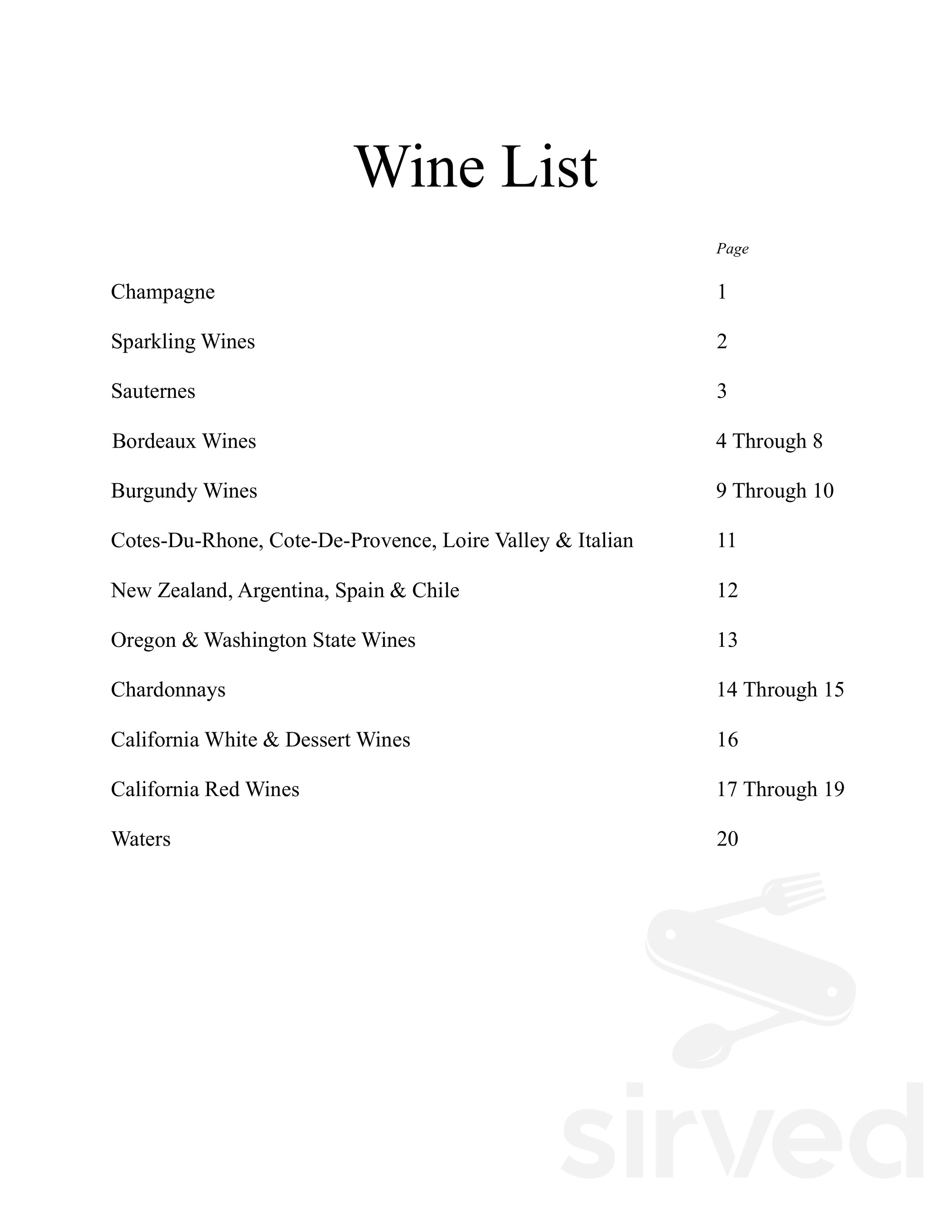 Menu for Le Vallauris Restaurant in Palm Springs, CA | Sirved