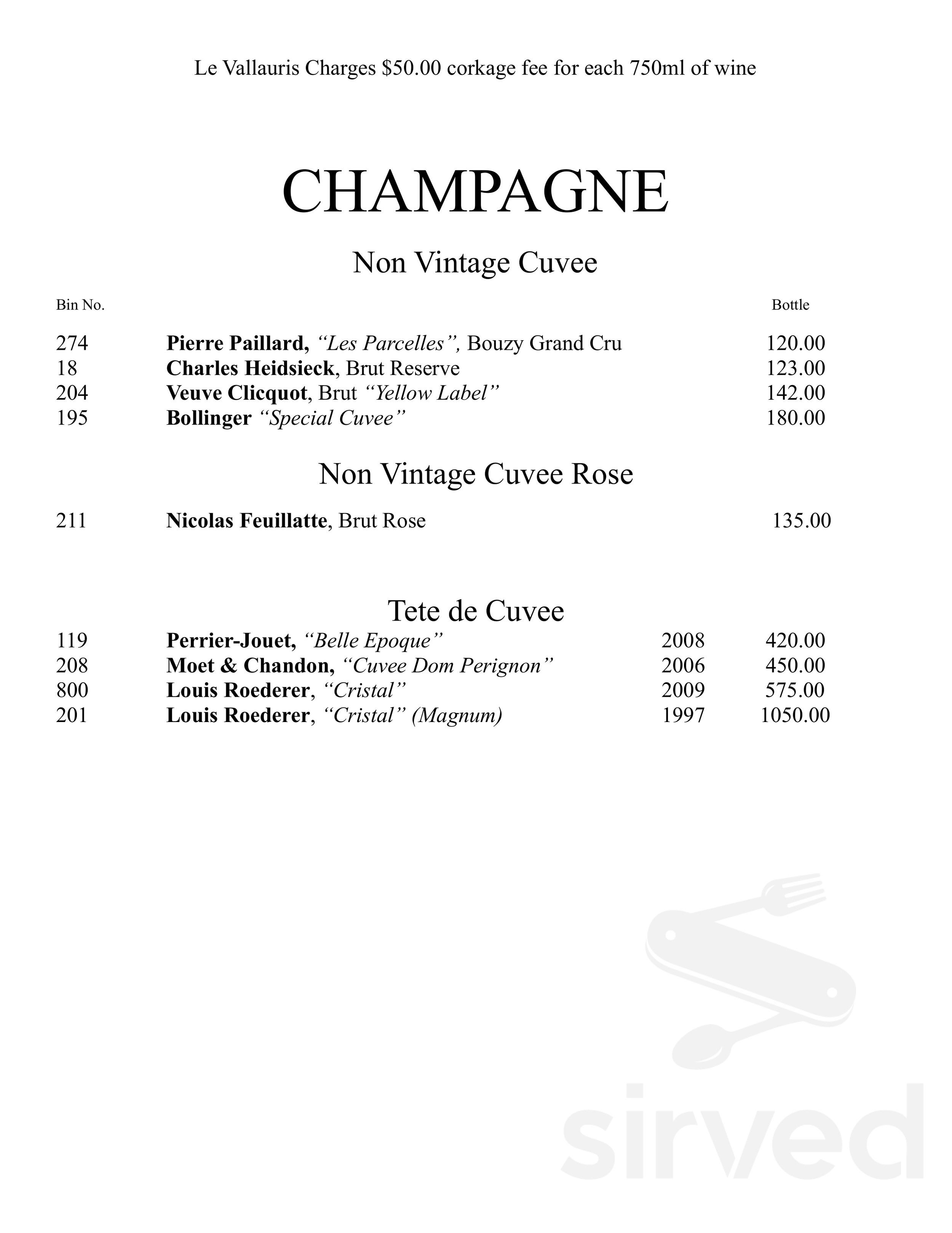 Le Vallauris Restaurant menu in Palm Springs, California, USA
