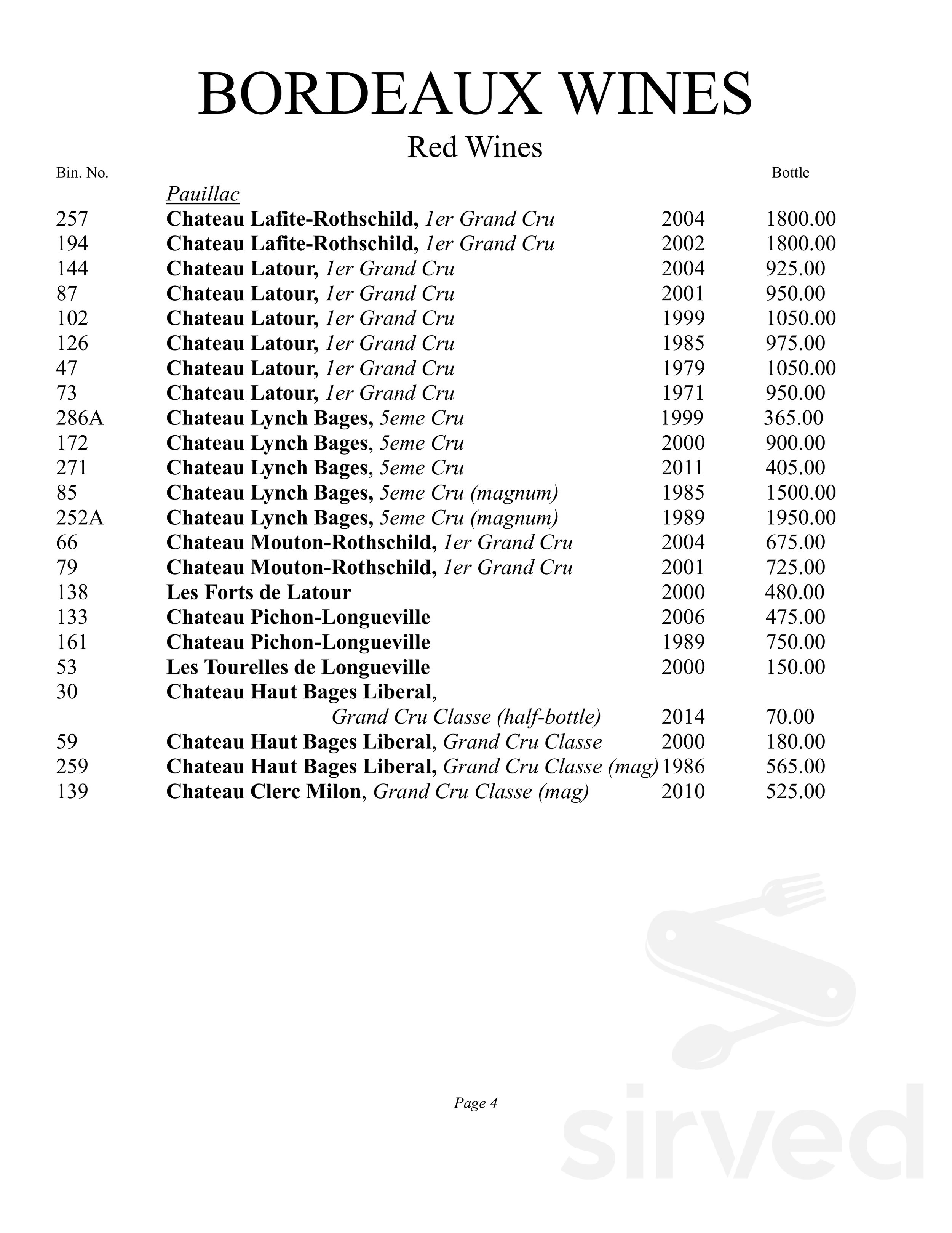 Le Vallauris Restaurant menu in Palm Springs, California, USA