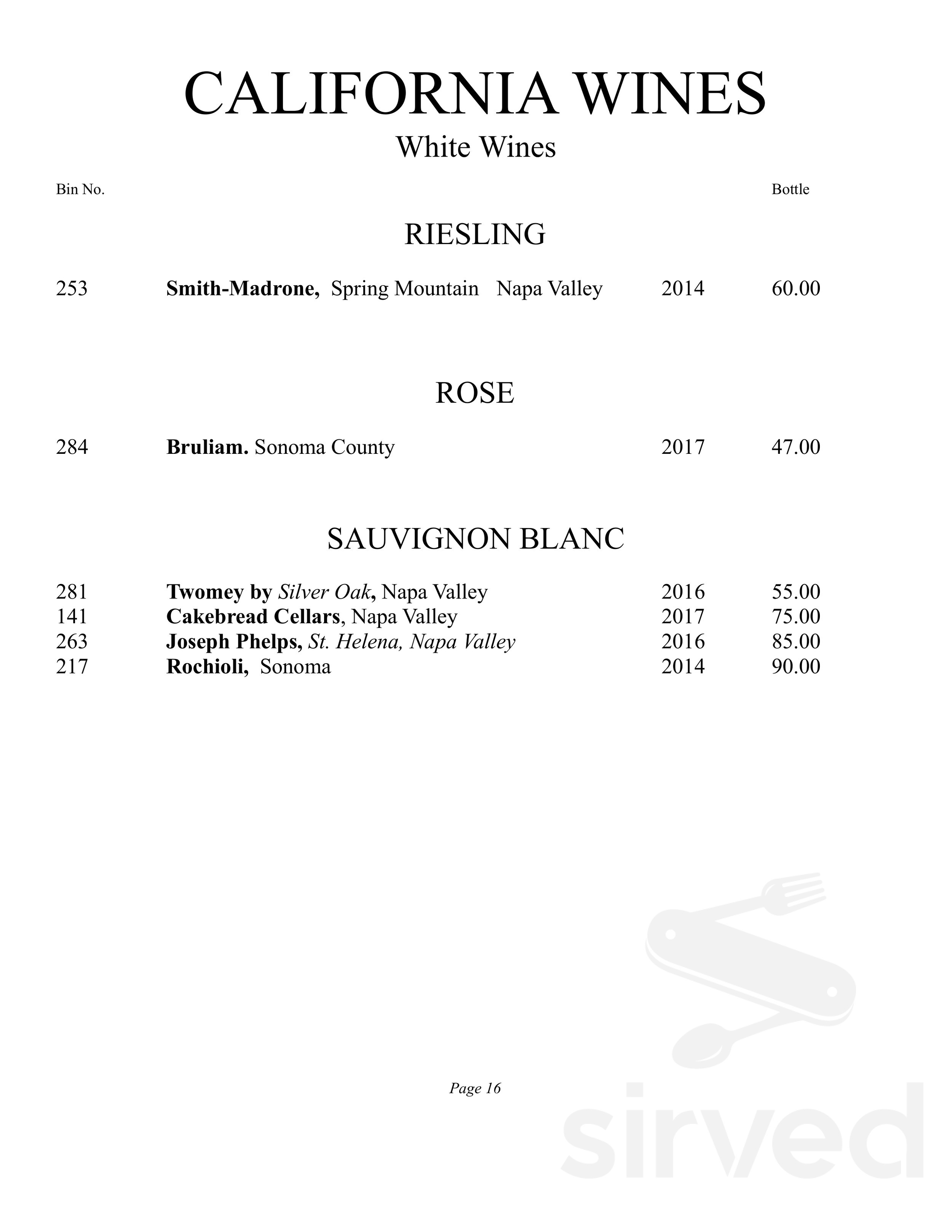 Le Vallauris Restaurant menu in Palm Springs, California, USA