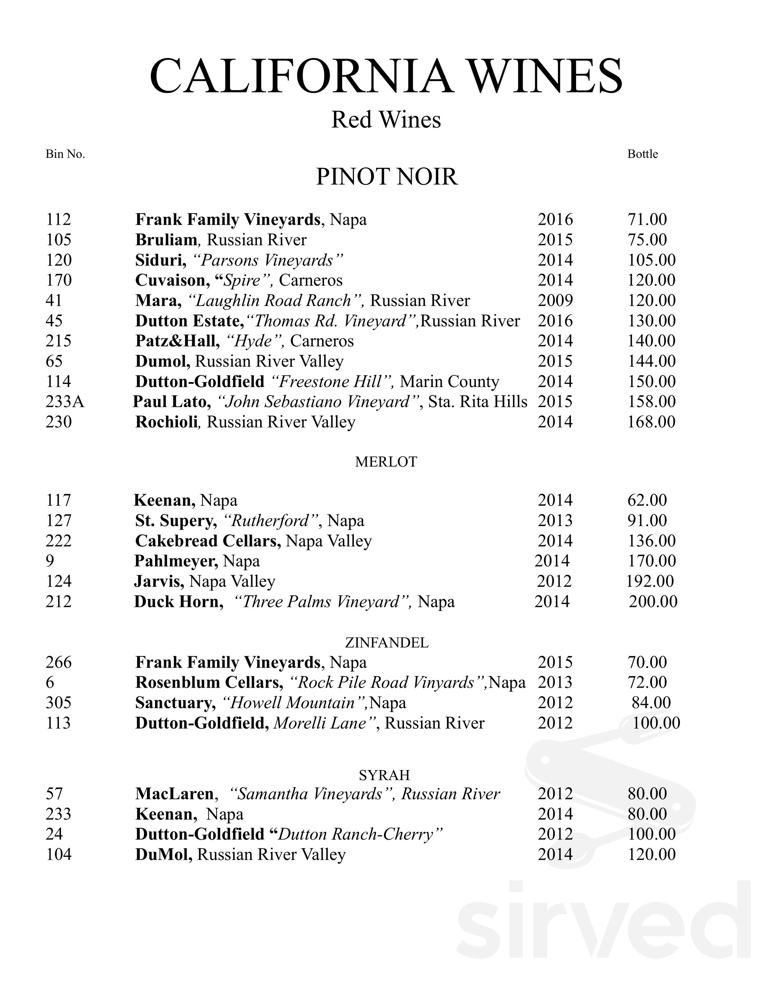 Le Vallauris Restaurant menu in Palm Springs, California, USA