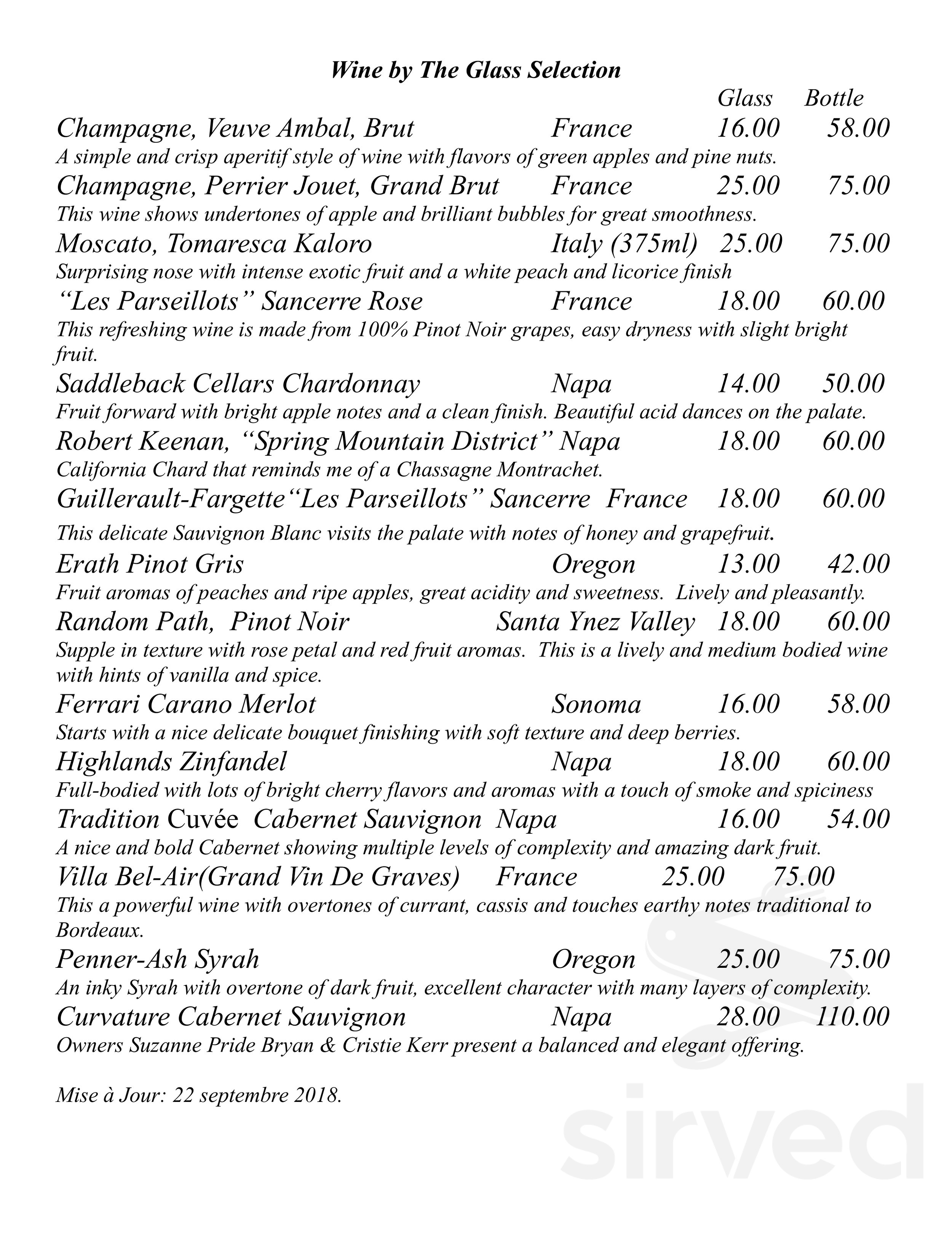 Le Vallauris Restaurant menu in Palm Springs, California, USA
