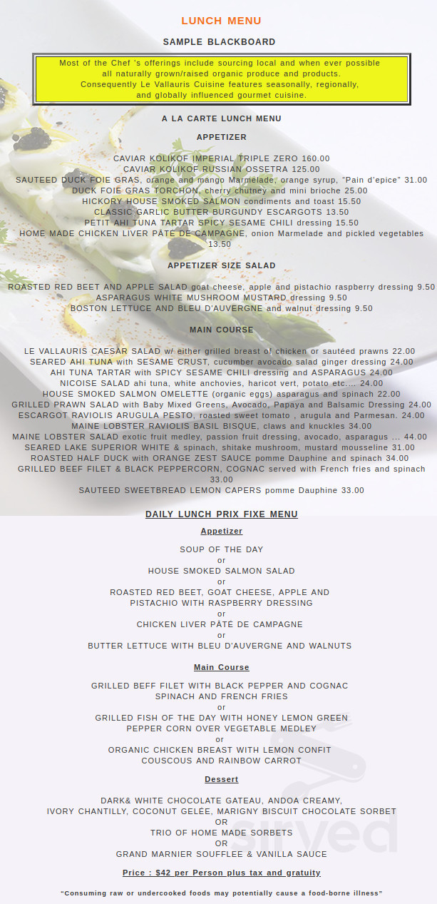 Menu for Le Vallauris Restaurant in Palm Springs, CA | Sirved