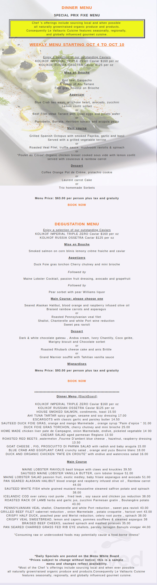 Menu for Le Vallauris Restaurant in Palm Springs, CA | Sirved
