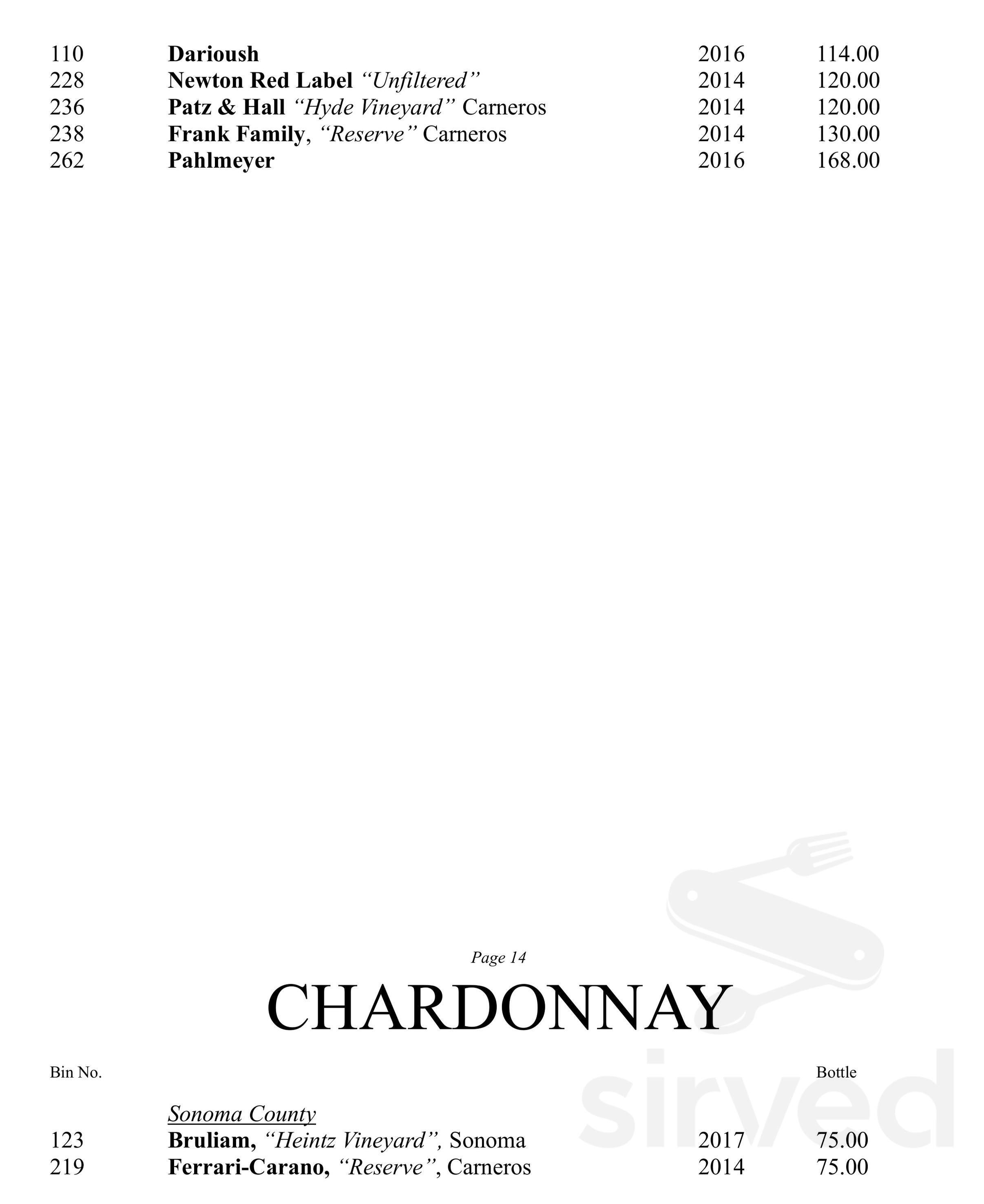 Le Vallauris Restaurant menu in Palm Springs, California, USA