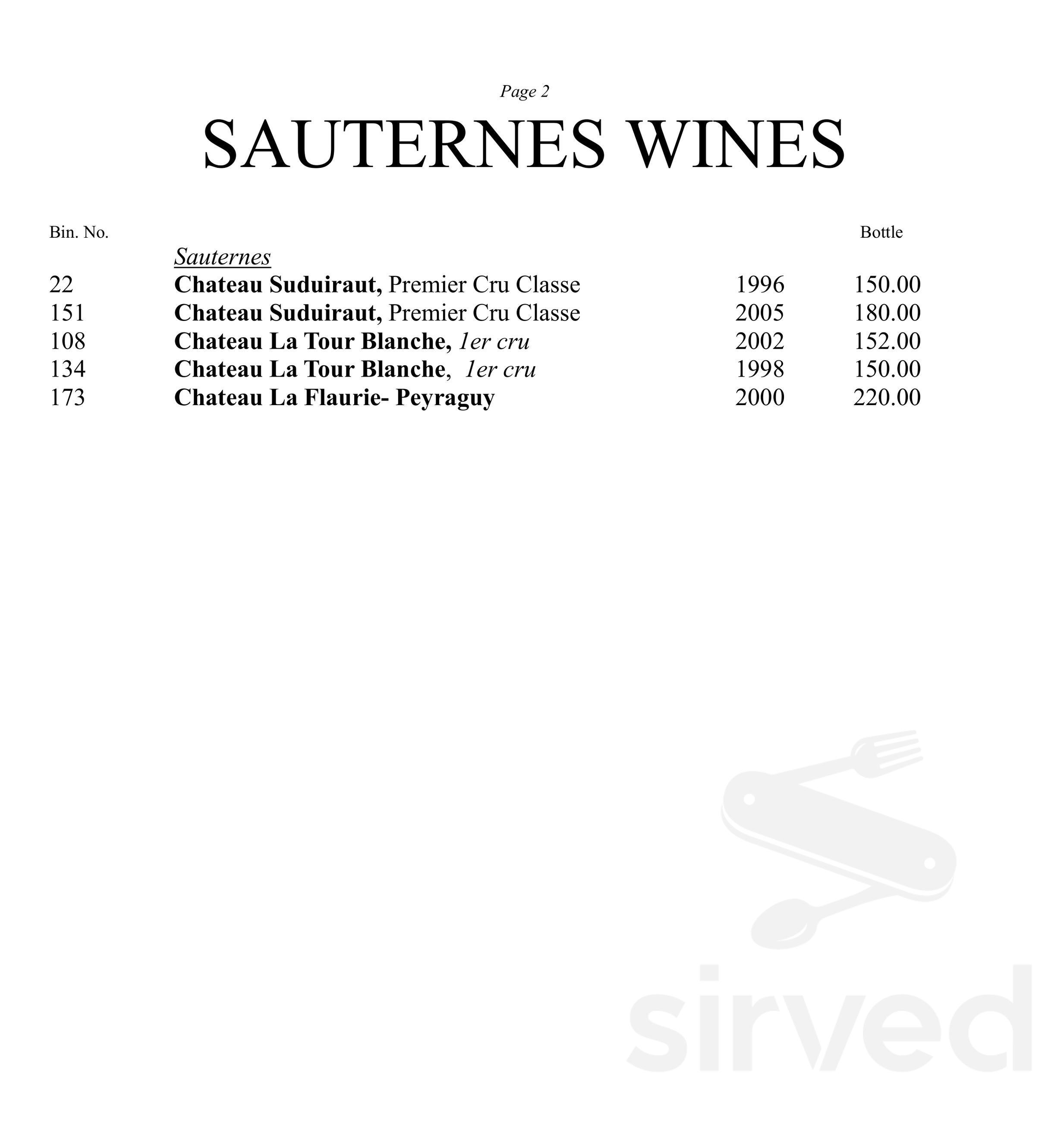 Le Vallauris Restaurant menu in Palm Springs, California, USA