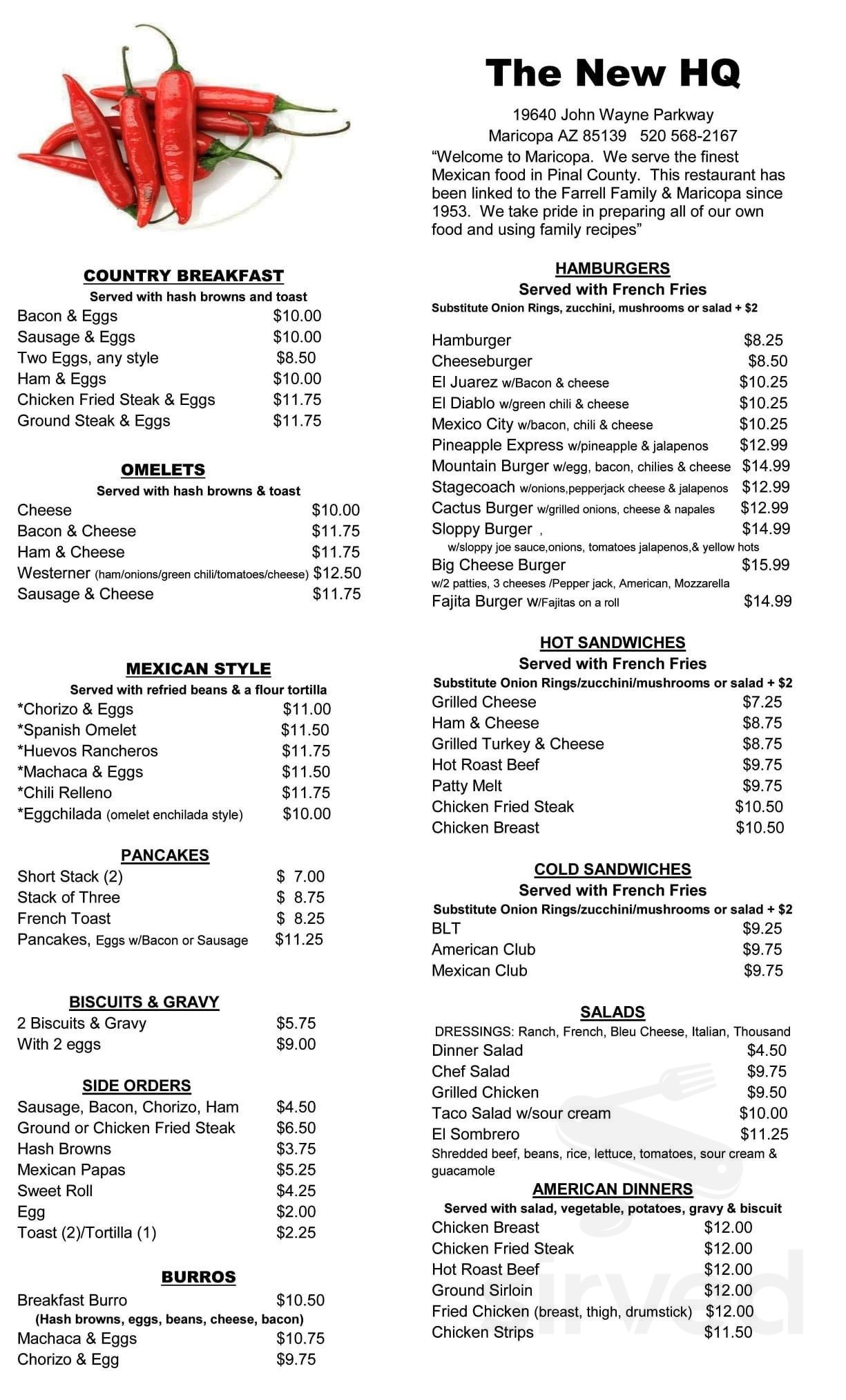 Headquarters Cafe menu in Maricopa, Arizona, USA