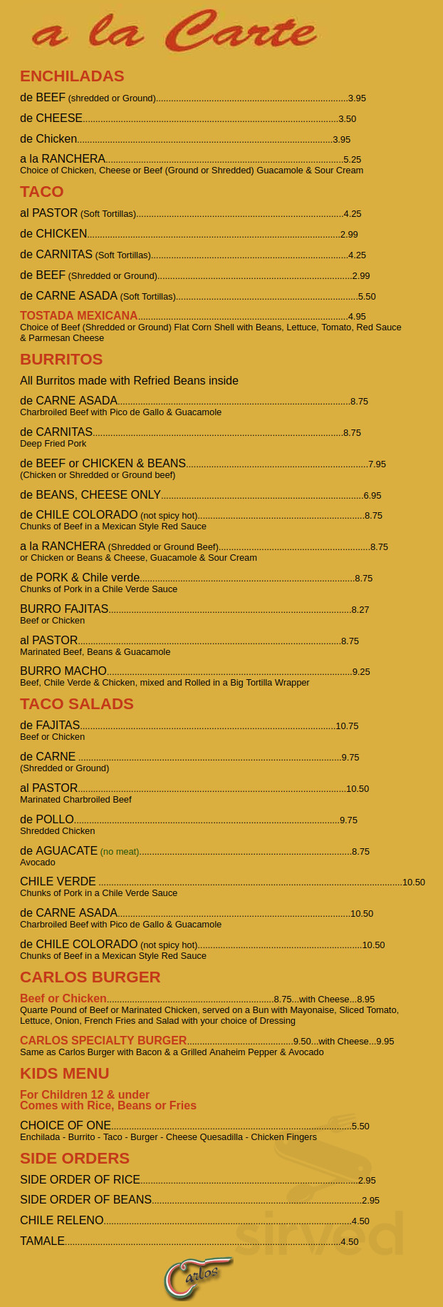 Carlos Restaurante menu in Cave Junction, Oregon, USA