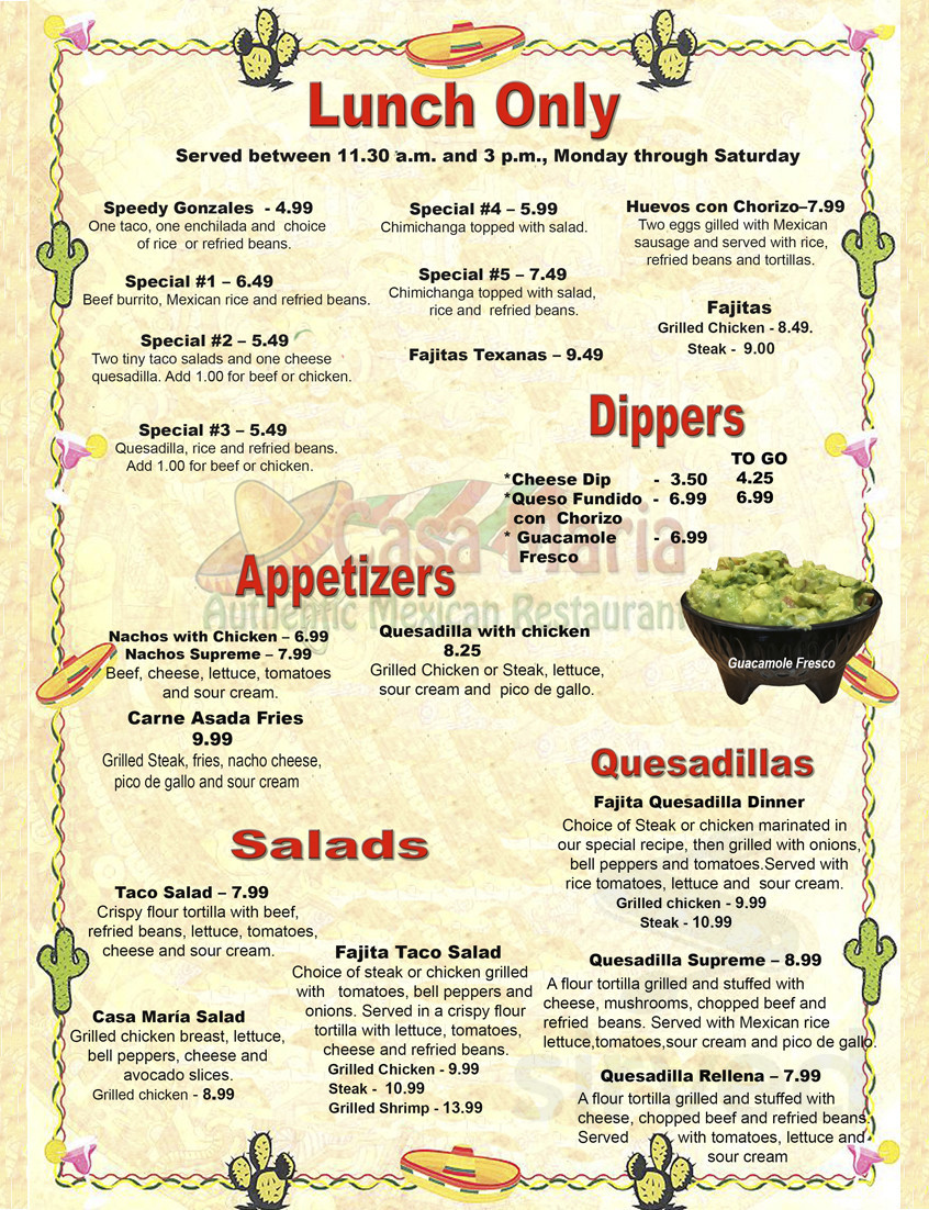 Menu for Casa Maria Mexican Restaurant in Jacksonville, FL | Sirved