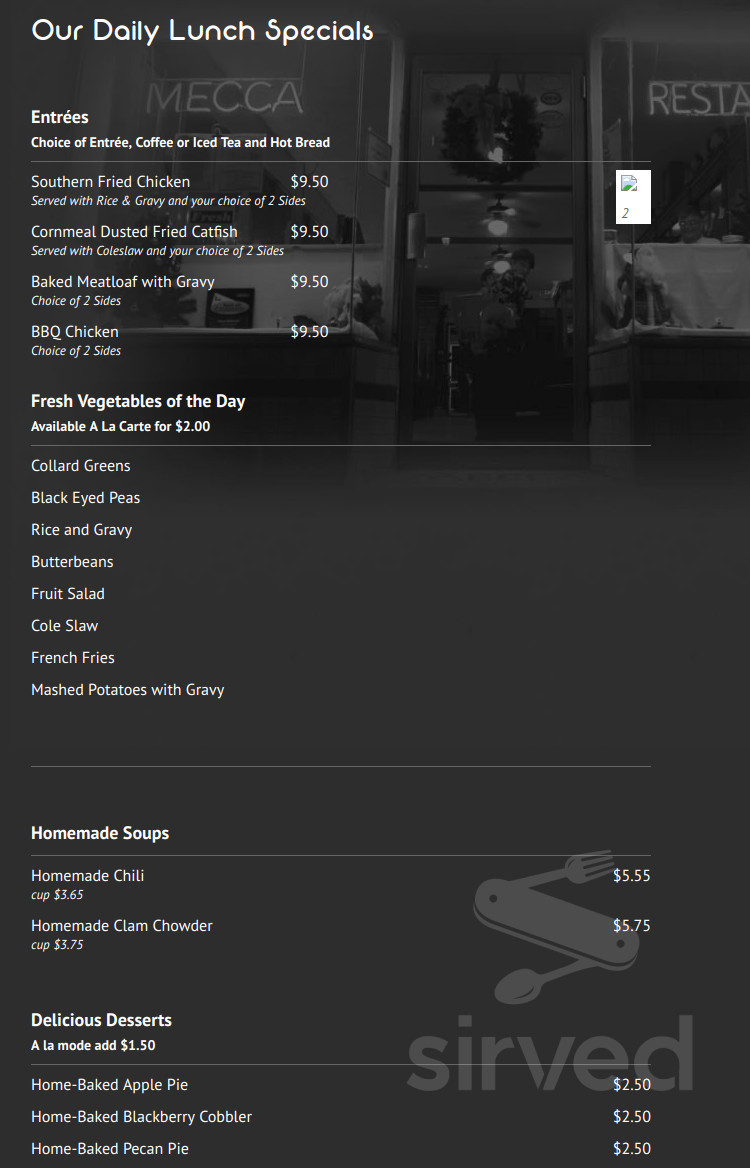 Menu - Raleigh NC's Mecca Restaurant | Sirved