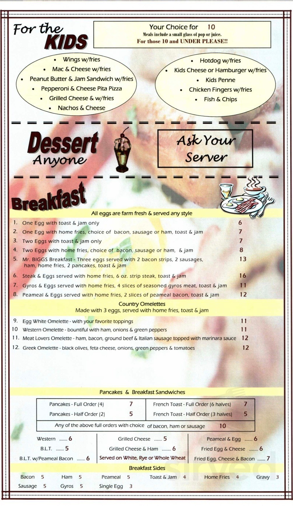 Biggs menus in Belle River, Ontario, Canada