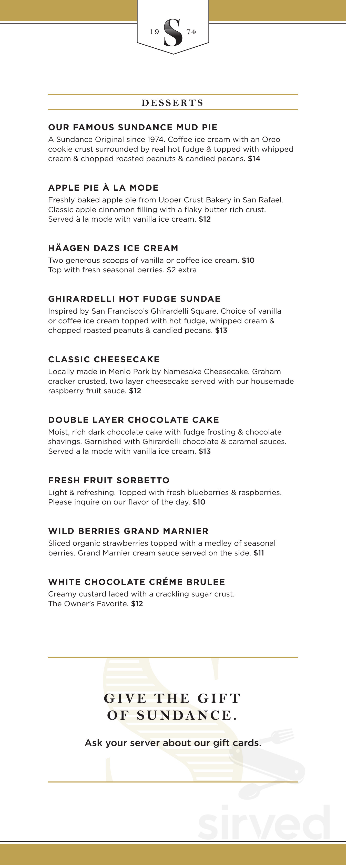 Sundance The Steakhouse menus in Palo Alto, California, United States