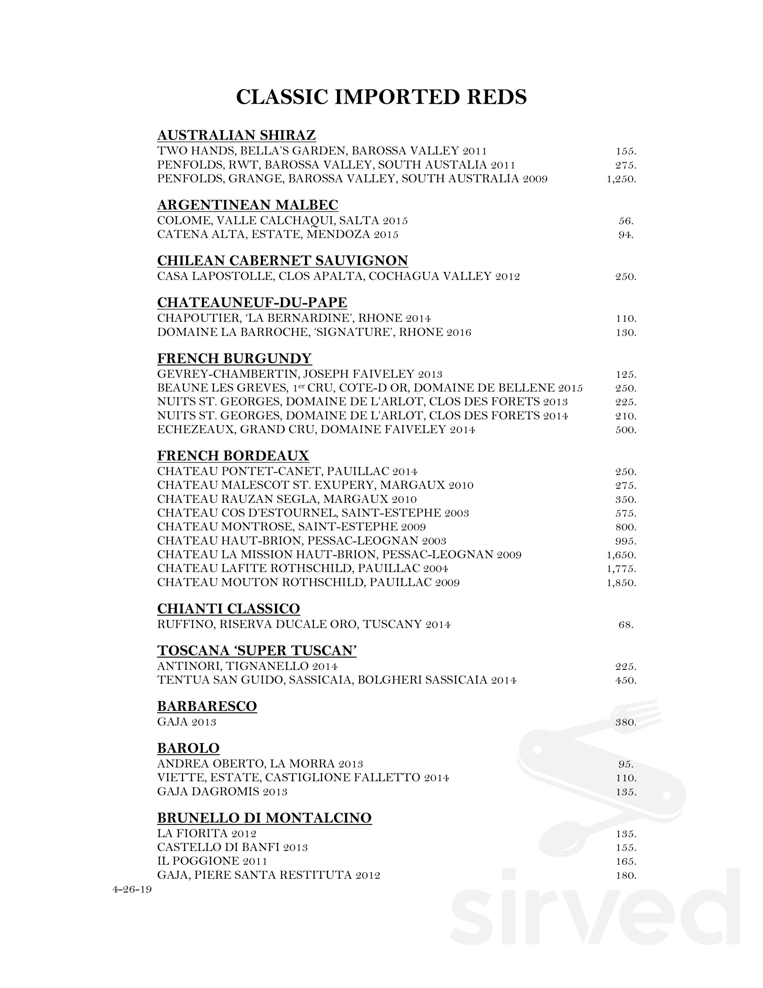Sundance The Steakhouse menus in Palo Alto, California, United States