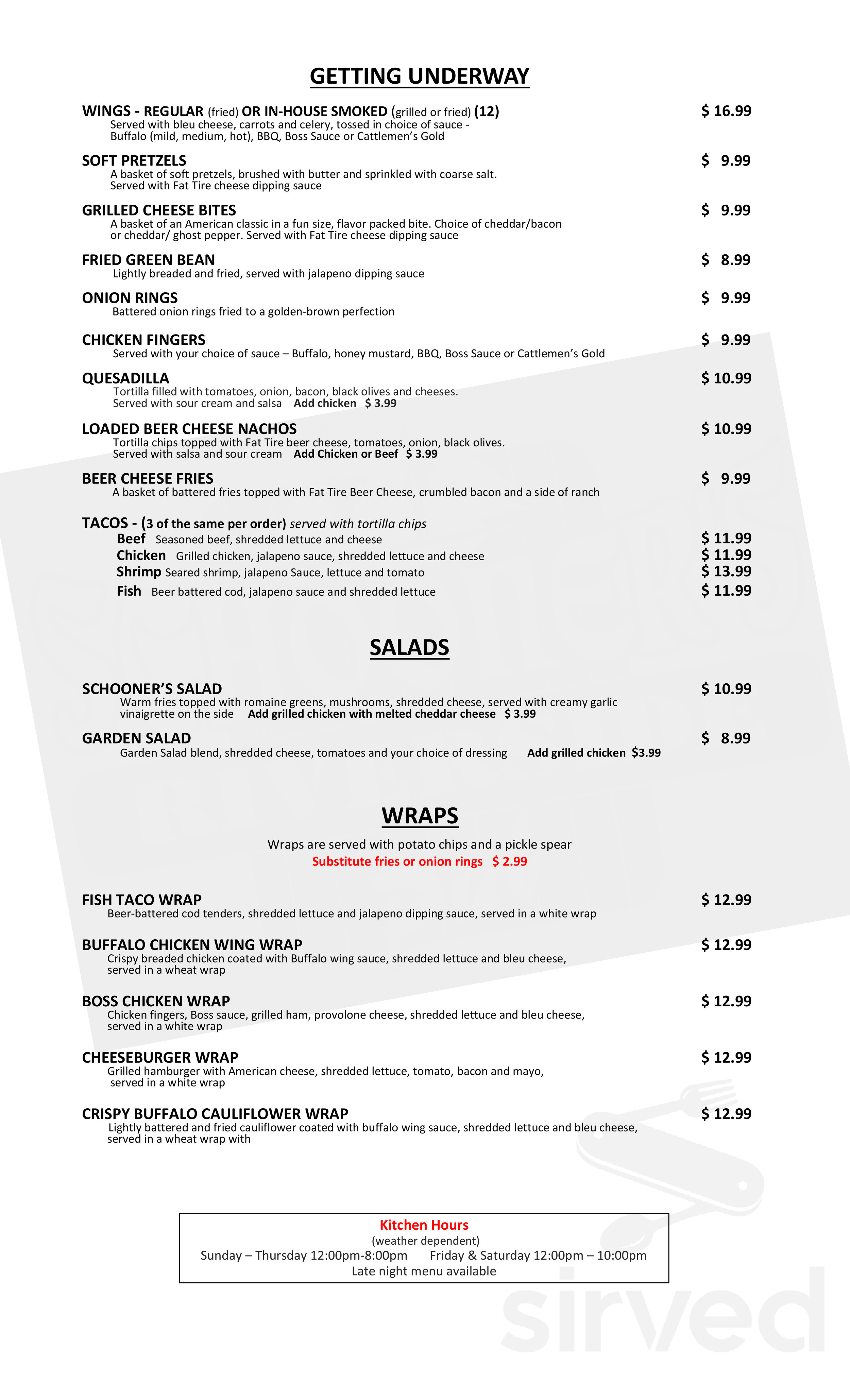 Schooners Riverside Pub menu in Rochester, New York, USA