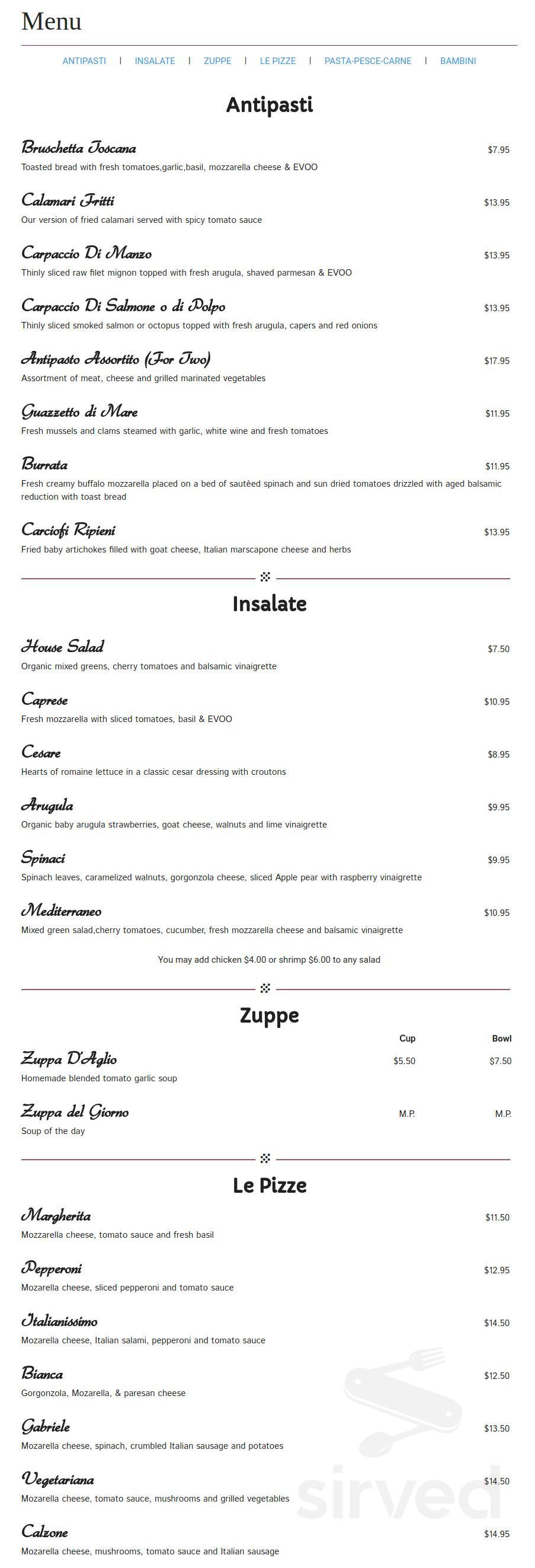 Italianissimo Trattoria menu in Chula Vista, California, USA