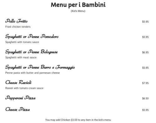 Italianissimo Trattoria menu in Chula Vista, California, USA