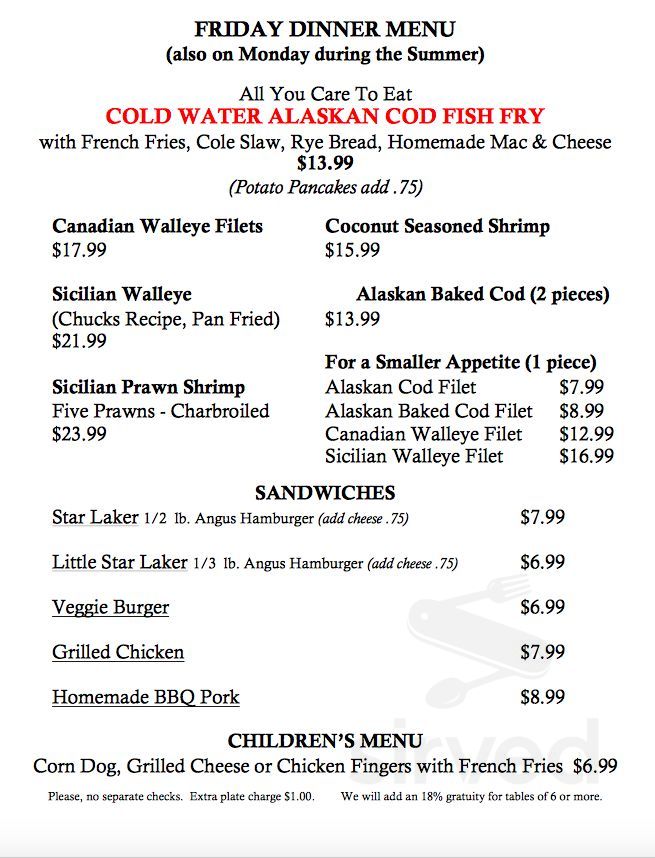 Stillwaters Restaurant menus in Star Lake, Wisconsin, United States