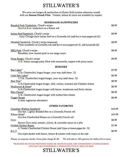 Stillwaters Restaurant menu in Star Lake, Wisconsin, USA