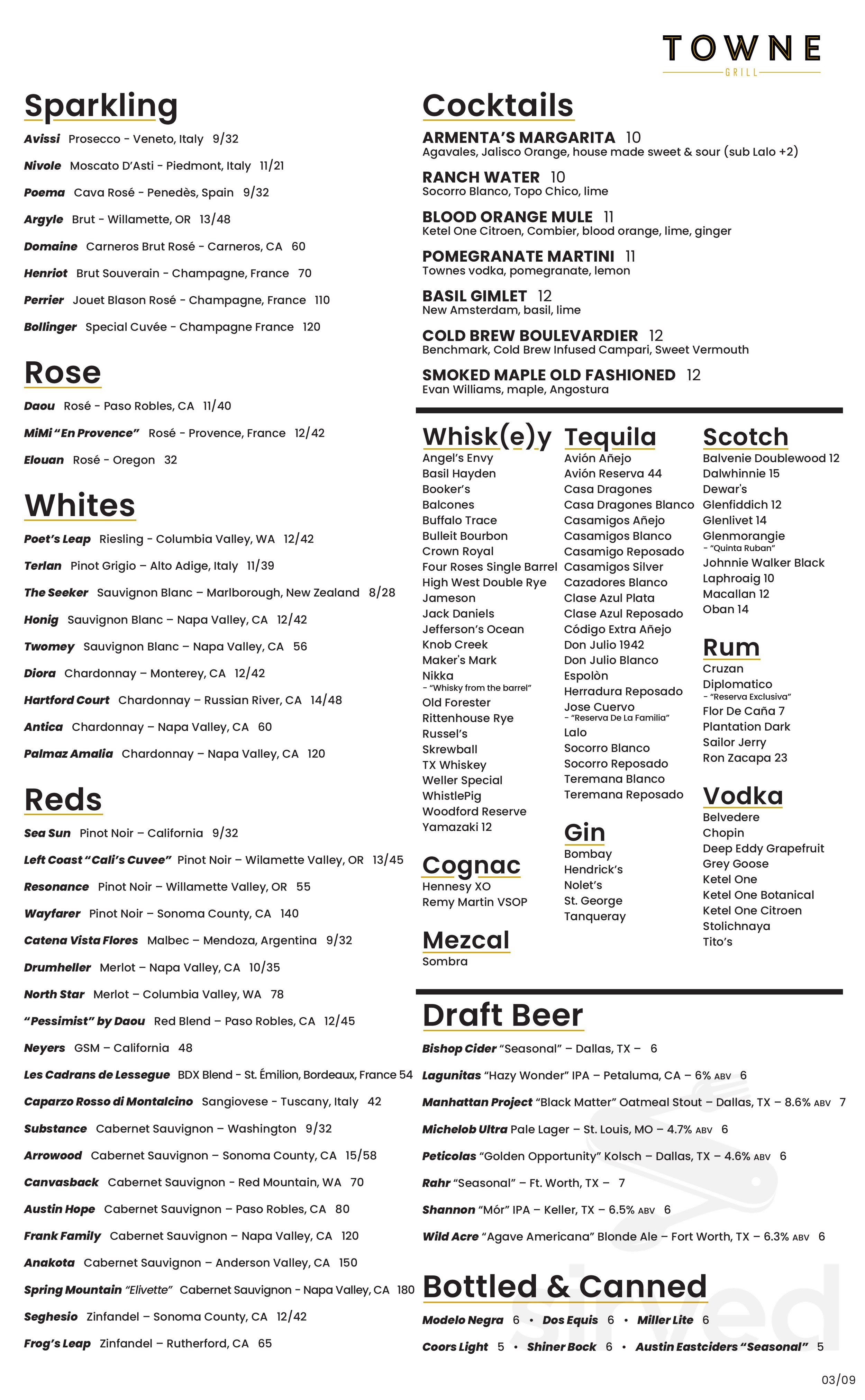 Towne Grill menu in Fort Worth, Texas, USA