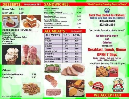 QUICK STOP menu in Holly Hill, South Carolina, USA