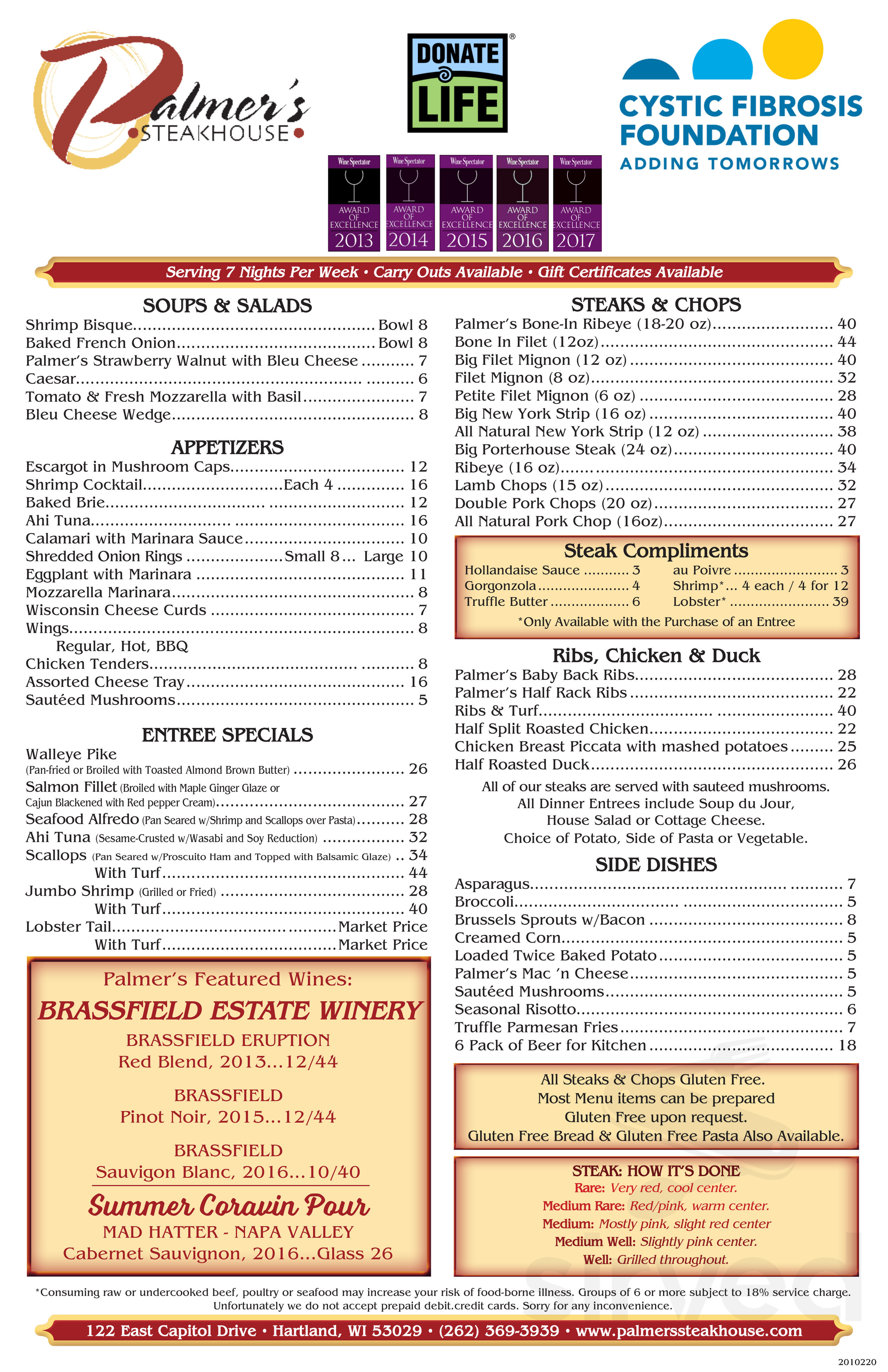 Palmer's Steakhouse menu in Hartland, Wisconsin, USA