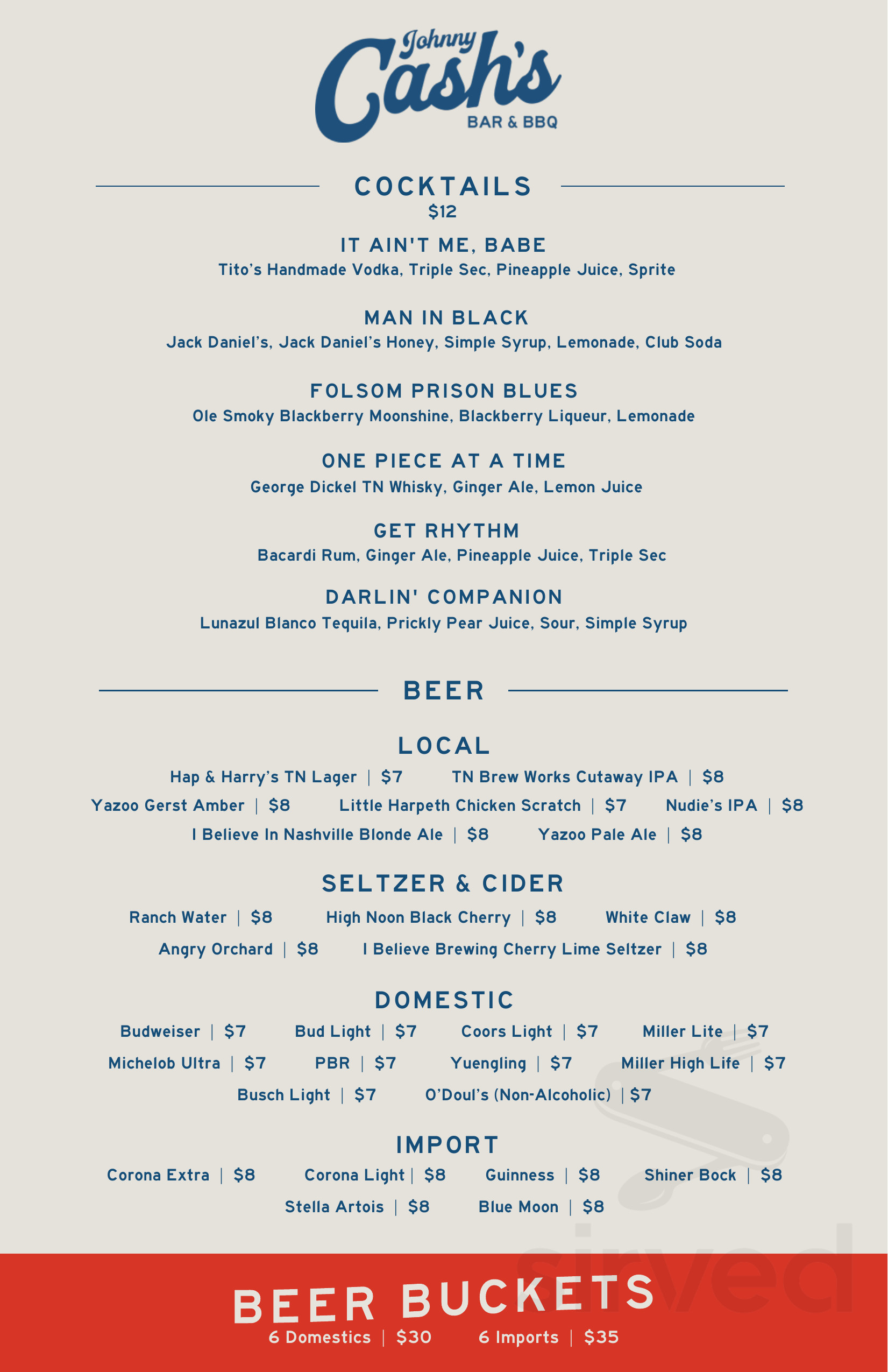 Johnny Cash's Bar & BBQ menu in Nashville, Tennessee, USA