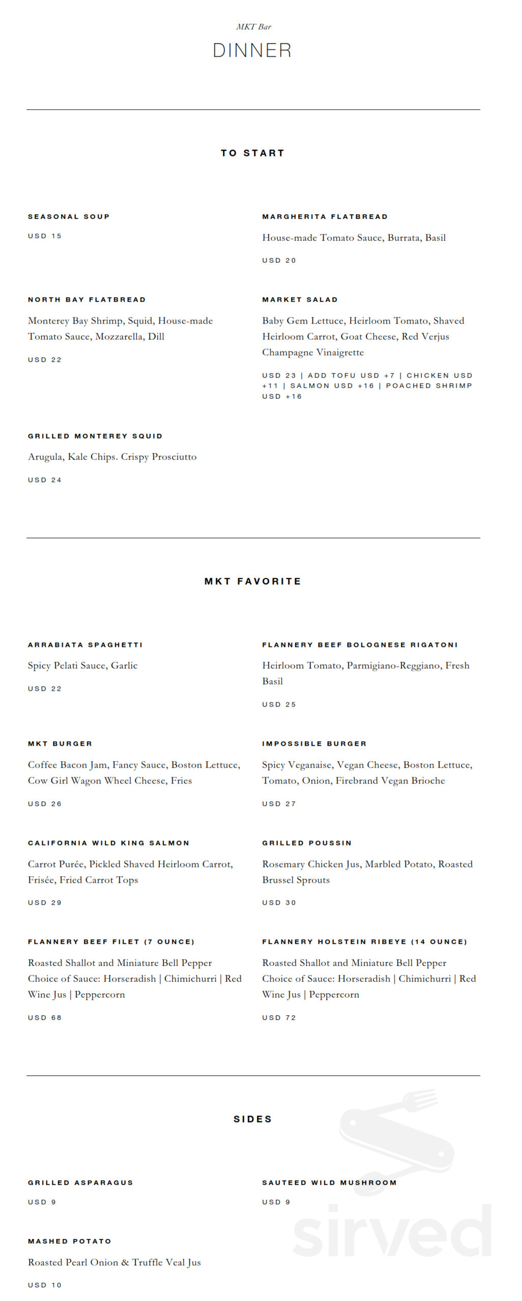 MKT Restaurant and Bar menu in San Francisco, California, USA