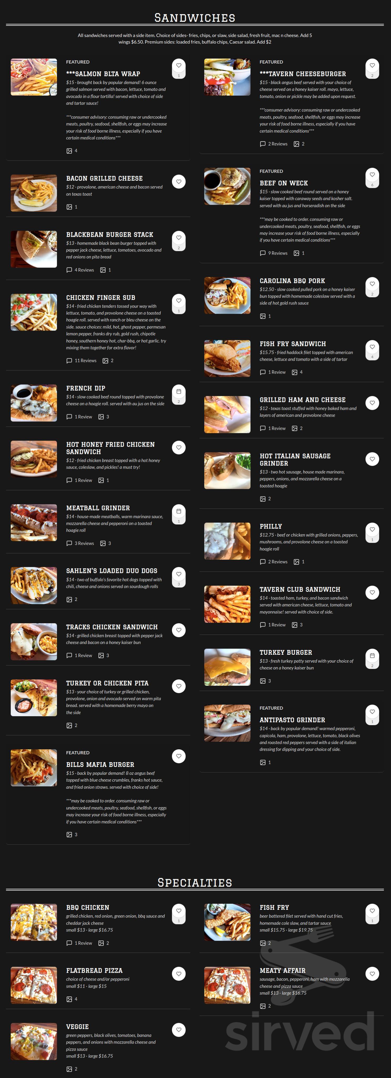 Tavern on the Tracks menu in Charlotte, North Carolina, USA