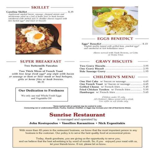 Sunrise Restaurant menu in Charlotte, North Carolina, USA