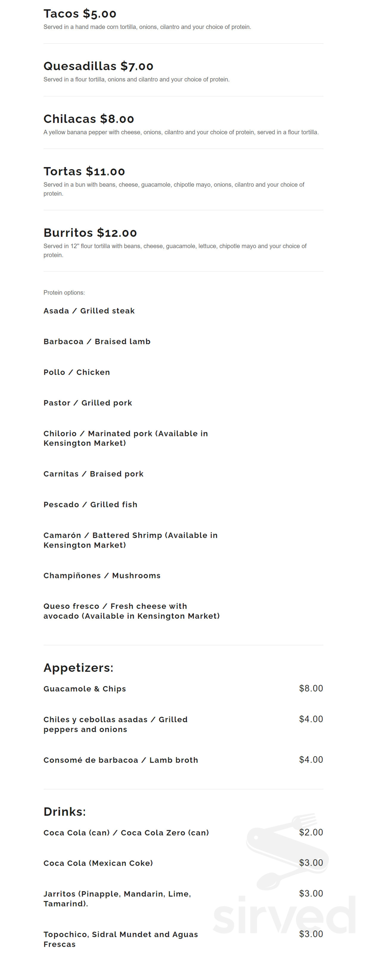 Gus Tacos menu in Toronto, Ontario, Canada