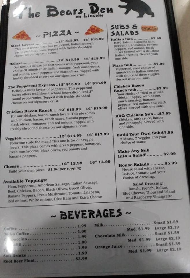The Bears Den on Lincoln menu in Middle Point, Ohio, USA