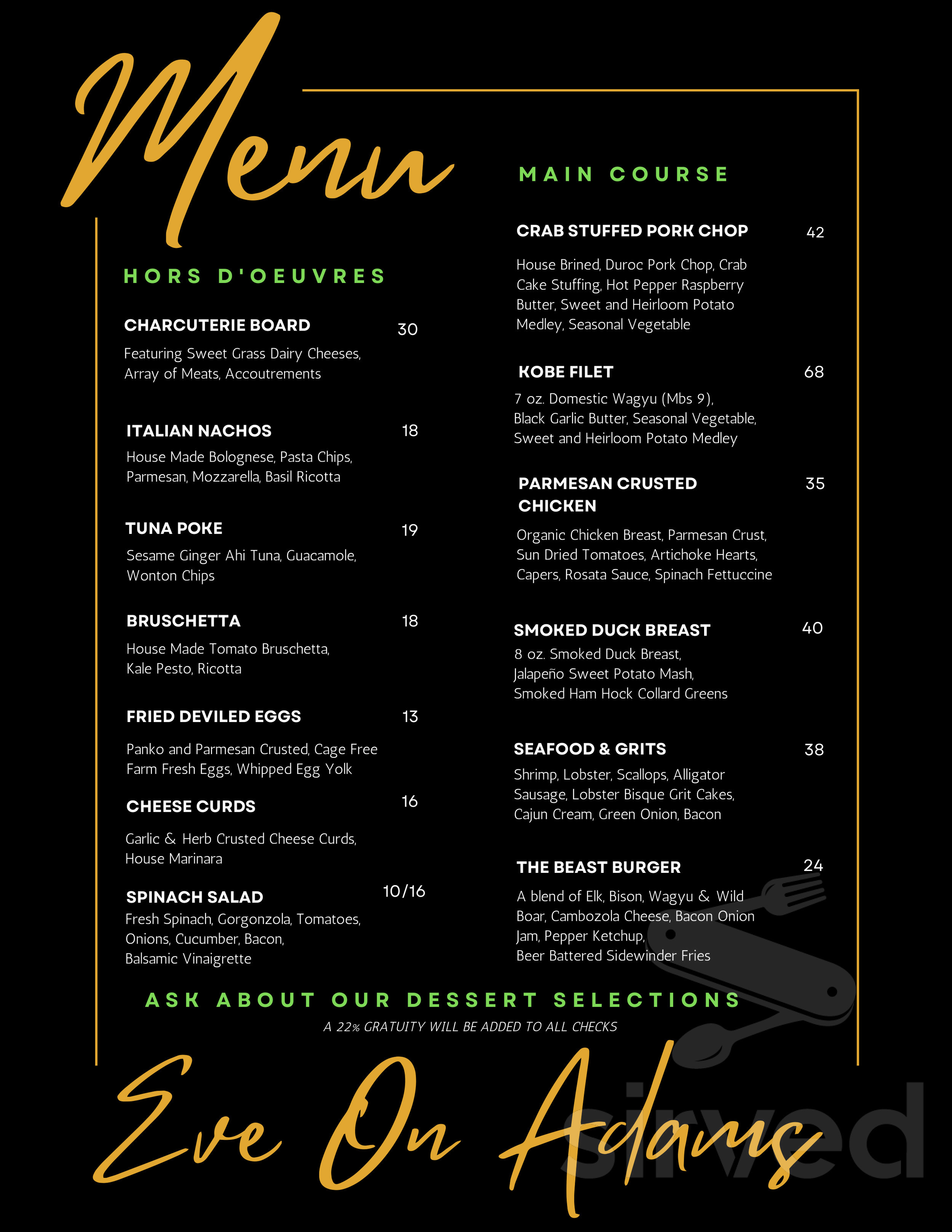Menu for Eve on Adams in Tallahassee, FL | Sirved