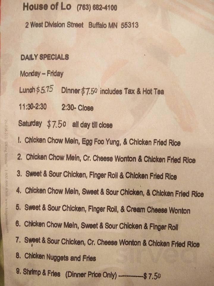 Menu for House of Lo in Buffalo, MN | Sirved