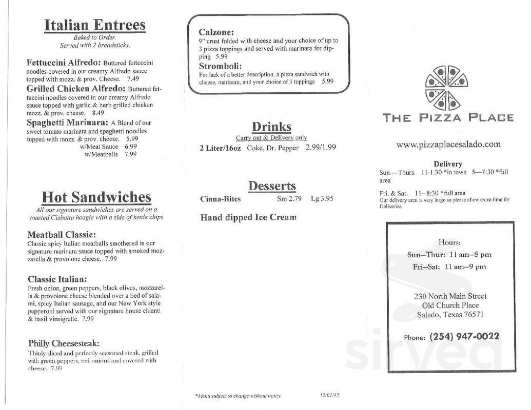 Menu - Salado TX's The Pizza Place | Sirved