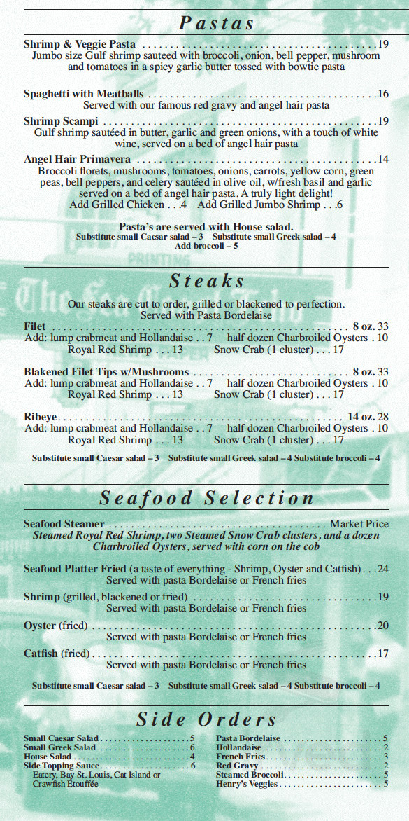 Trapani's Eatery menu in Bay St Louis, Mississippi, USA
