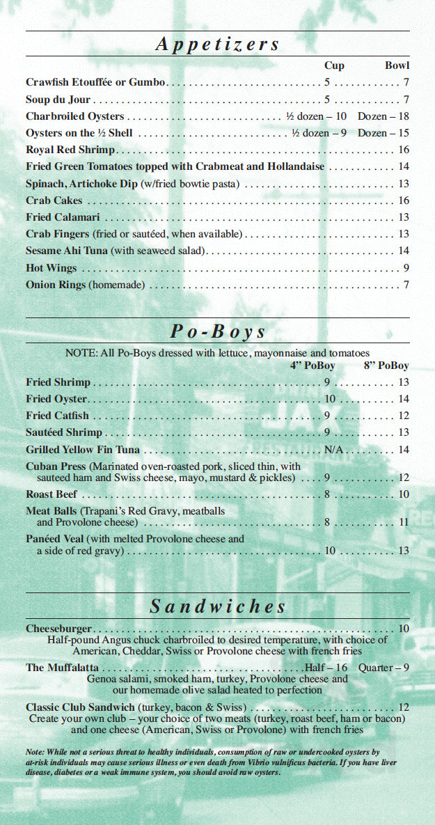 Trapani's Eatery menu in Bay St Louis, Mississippi, USA