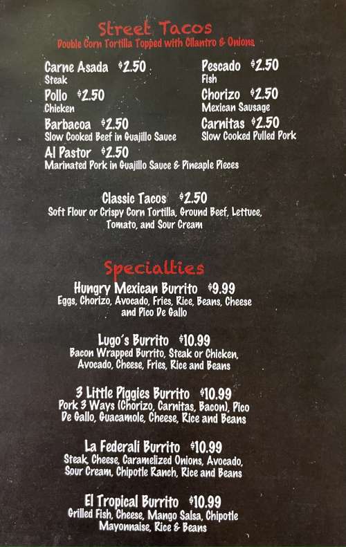Lugo's Taco Street menu in Bad Axe, Michigan, USA
