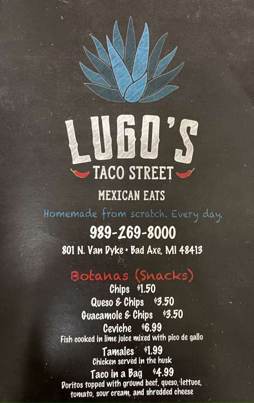 Lugo's Taco Street menu in Bad Axe, Michigan, USA